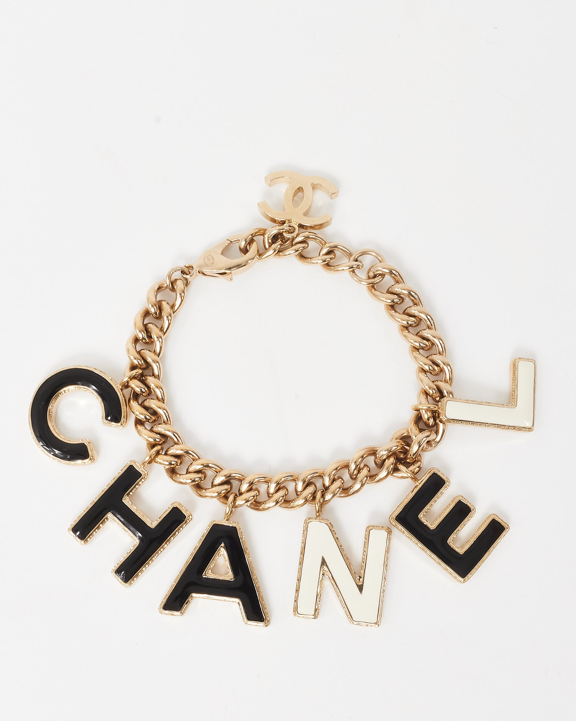 Buy Chanel Gold-Tone Black and White Enamel CC Logo Charm Bracelet ...