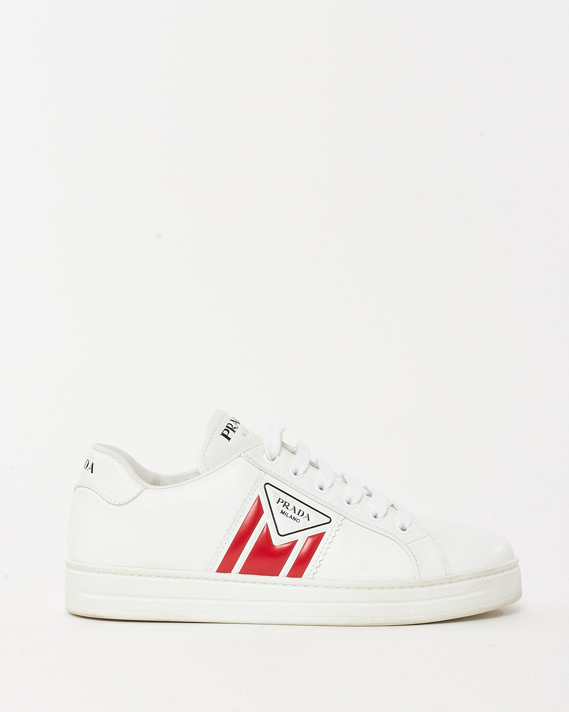 Buy Prada White Leather Red Stripe Logo Sneakers - 40 - Authenticated ...