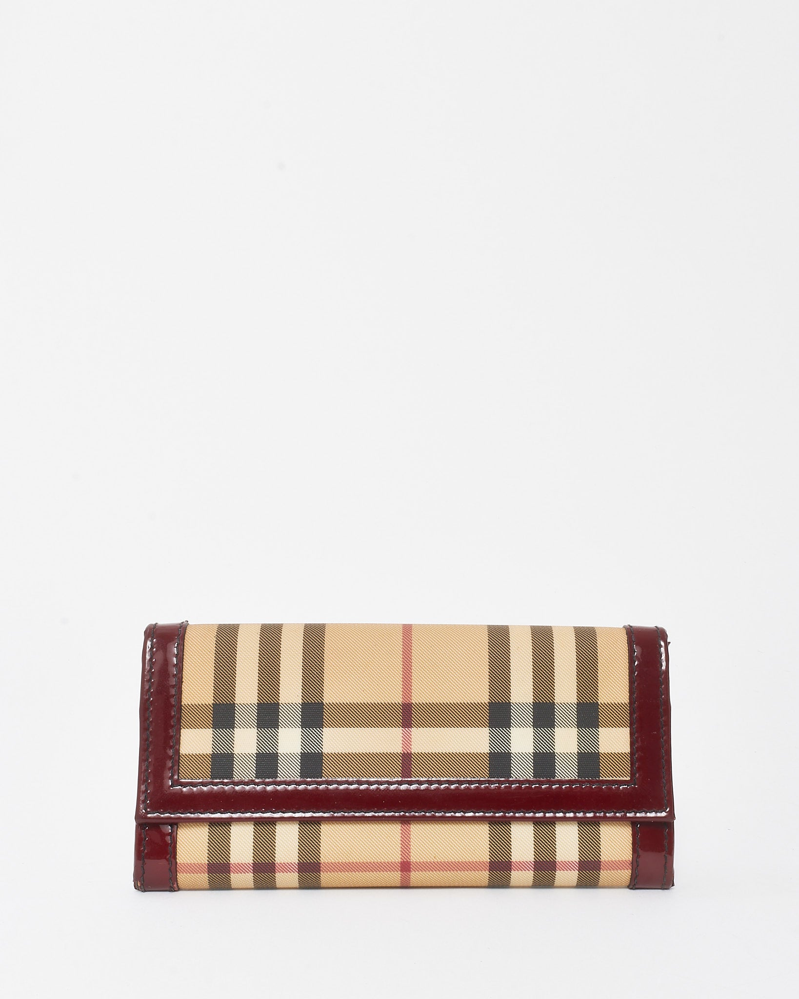 Buy Burberry Red Patent Beige House Check Coated Canvas Wallet ...
